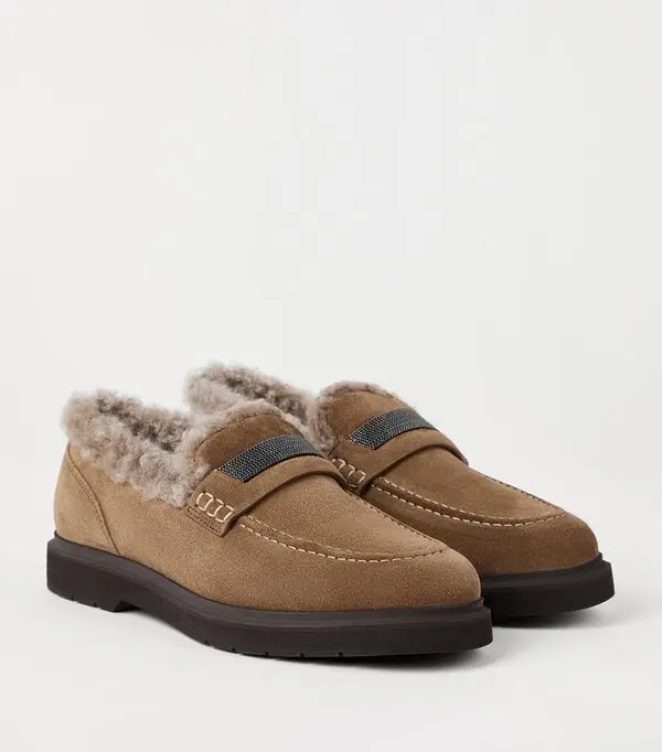 Brunello Cucinelli Suede Shearling-lined Penny Loafers