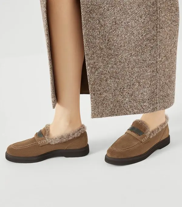 Brunello Cucinelli Suede Shearling-lined Penny Loafers - Brown