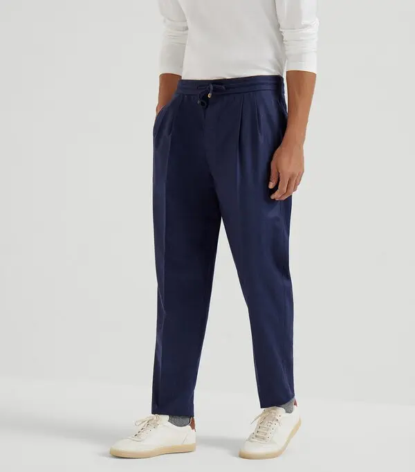 Brunello Cucinelli Virgin Wool Drawstring Leisure Trousers - Blue