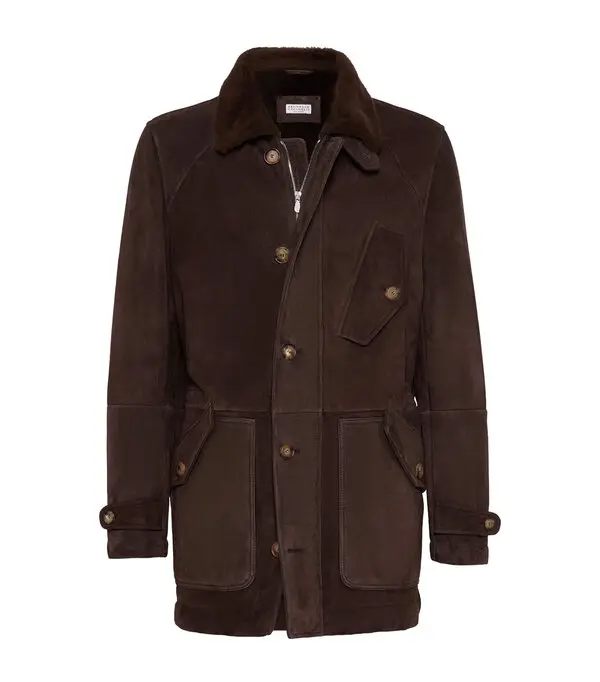 Brunello Cucinelli Suede Shearling Pea Coat - Brown