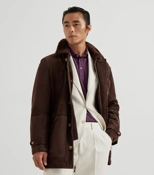 Brunello Cucinelli Suede Shearling Pea Coat - Brown
