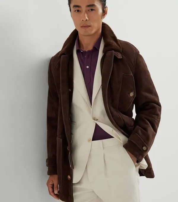 Brunello Cucinelli Suede Shearling Pea Coat - Brown
