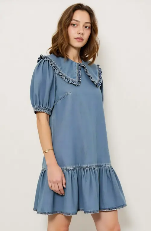 MODENAIRE Ruffled Collar Dress With Puff Sleeves And Tiered Hem