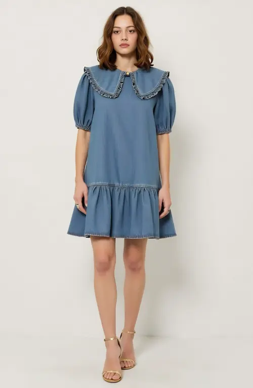 MODENAIRE Ruffled Collar Dress With Puff Sleeves And Tiered Hem