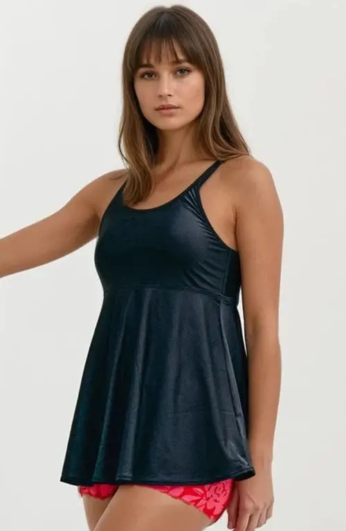 CALYPSA Amber Flared Tankini Swim Top - Black