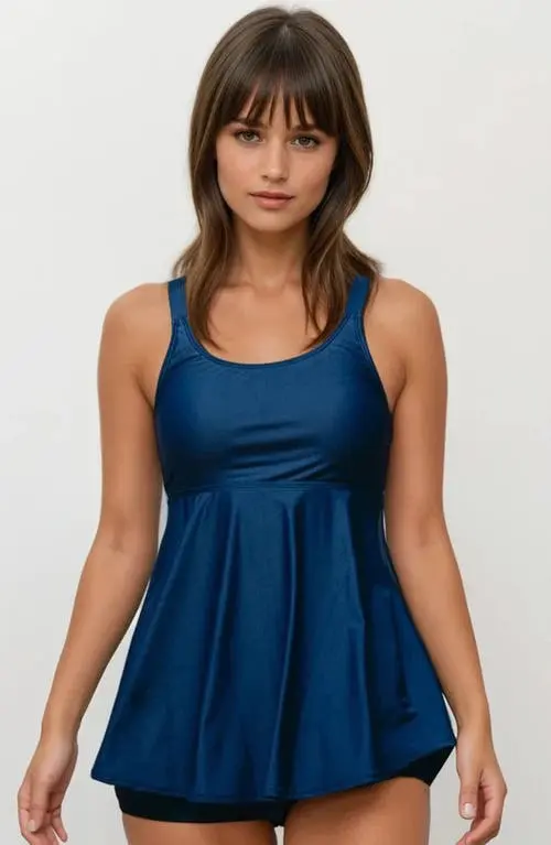 CALYPSA Amber Flared Tankini Swim Top - Navy