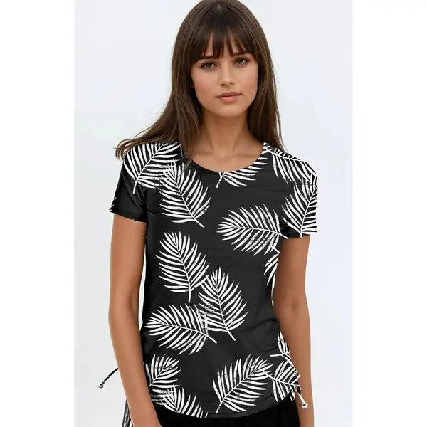 CALYPSA Short Sleeve Swim Top - Black Palms