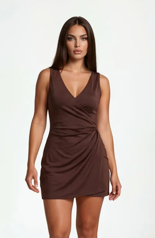 CALYPSA Alana Wrap-style Swim Dress - Brown Chocolate