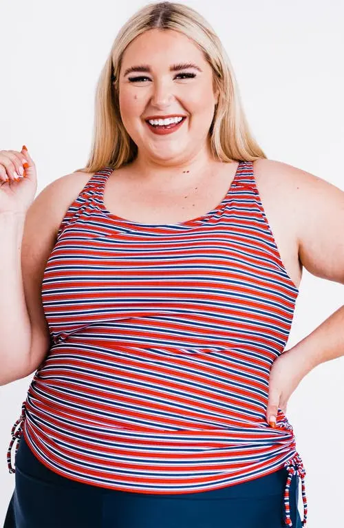 CALYPSA Maya Tankini Swim Top With Removable Cups - Navy & Red Stripe