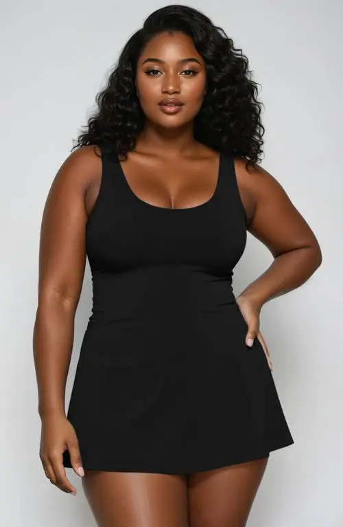 CALYPSA Tankini-style Swim Dress With Adjustable Straps And Hidden Bikini Bottoms - Black