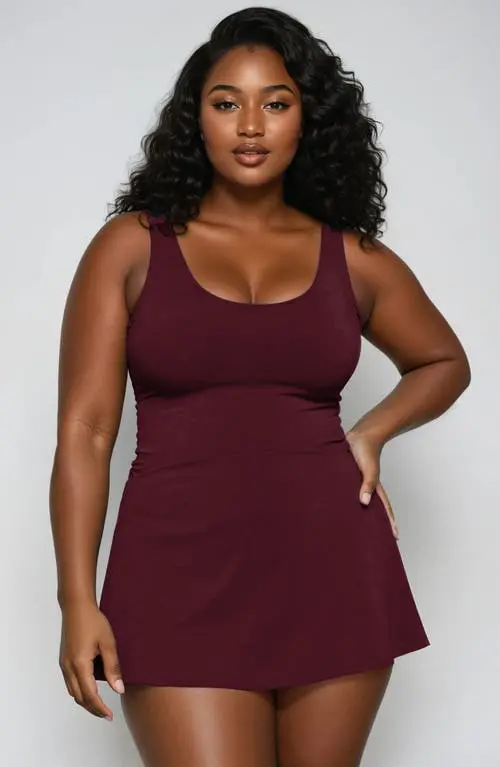 CALYPSA Tankini-style Swim Dress With Adjustable Straps And Hidden Bikini Bottoms - Wine