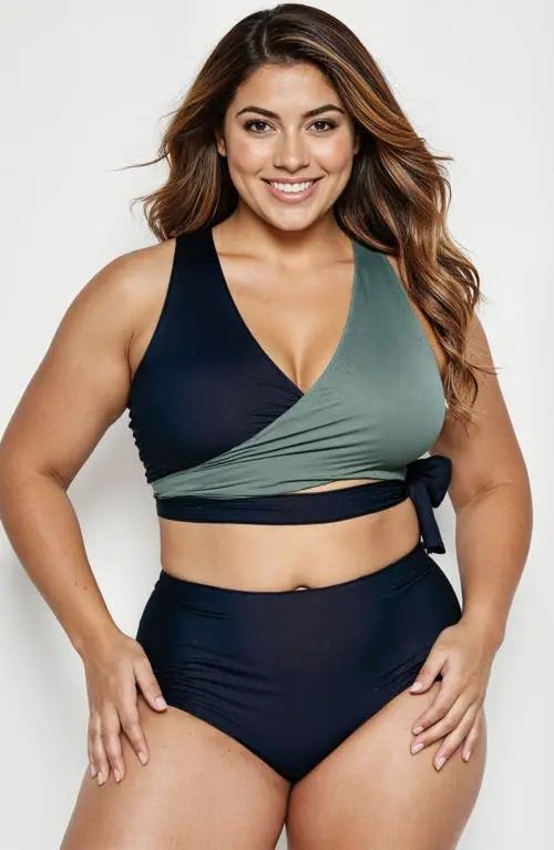 CALYPSA Emery 2-piece Wrap Style Swim Set - Black/sage Green