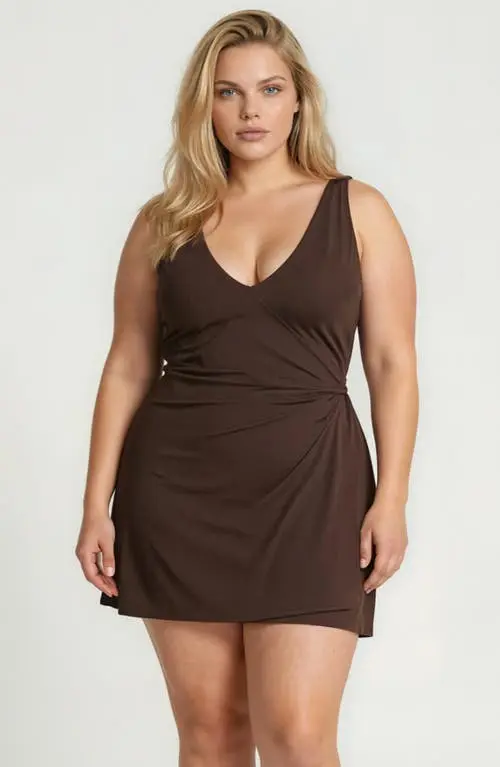 CALYPSA Alana Wrap-style Swim Dress With Hidden Bottoms And Adjustable Straps - Chocolate Brown