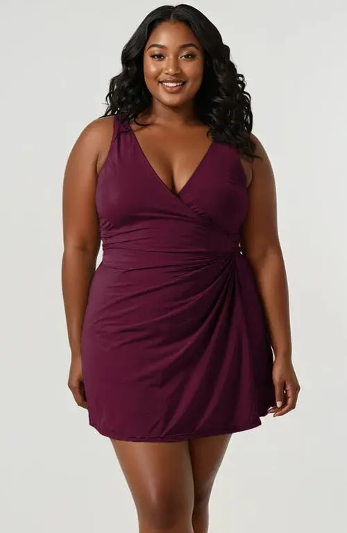 CALYPSA Alana Wrap-style Swim Dress - Wine