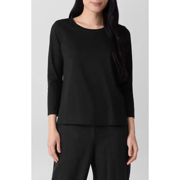 Eileen Fisher Organic Cotton Three-quarter Sleeve Top - Black
