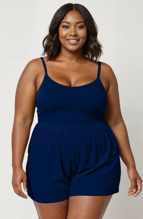 CALYSA Ivy Short Swim Romper With Built-in Bra And Hidden Shorts - Navy