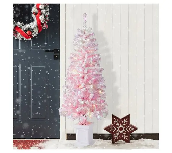 GLITZHOME 5' Pre-lit Flocked Pink Faux Christma S Porch Tree - One-color