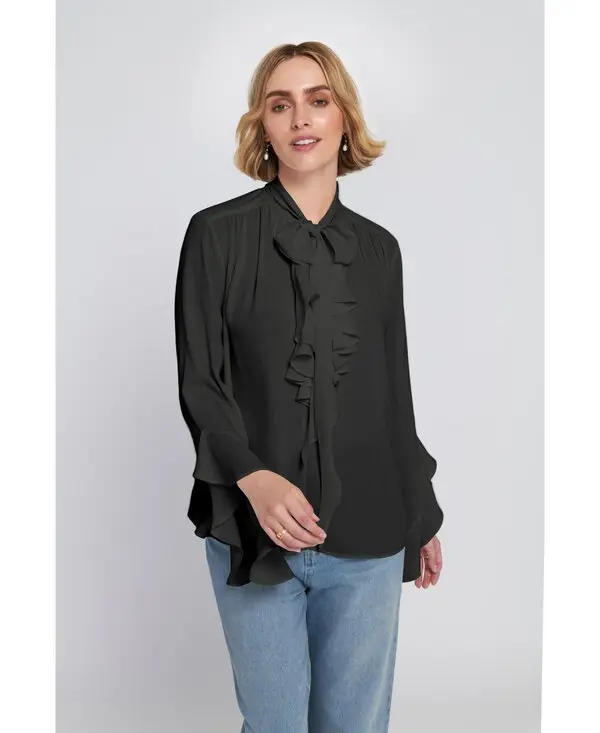 ELLE COLLECTION Flounce Trimmed Tie Neck Blouse - Black