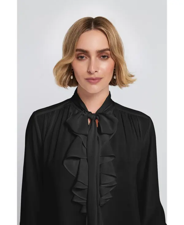 ELLE COLLECTION Flounce Trimmed Tie Neck Blouse - Black