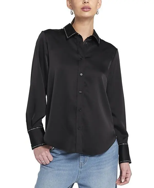 ELLE COLLECTION Sparkle Trim Satin Shirt - Black