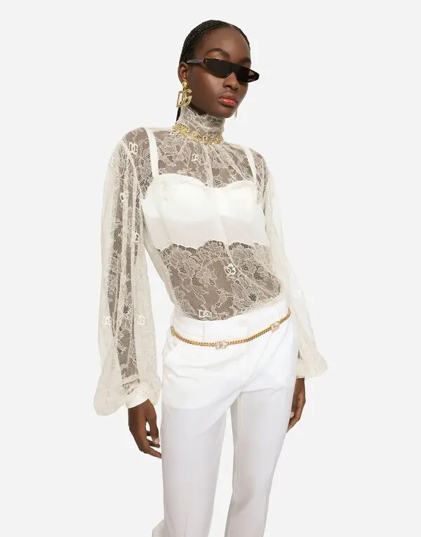 Dolce Gabbana Floral Lace Turtleneck Blouse With Dg Logo White