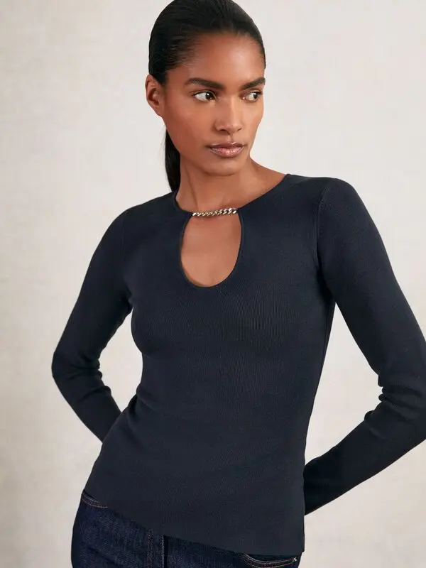 REISS Tilly Keyhole Knit Top With Chain Detail