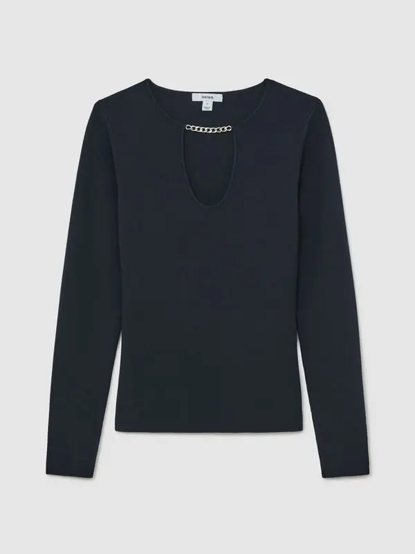 REISS Tilly Keyhole Knit Top With Chain Detail