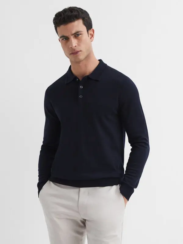 REISS Trafford Merino Wool Polo Shirt - Navy