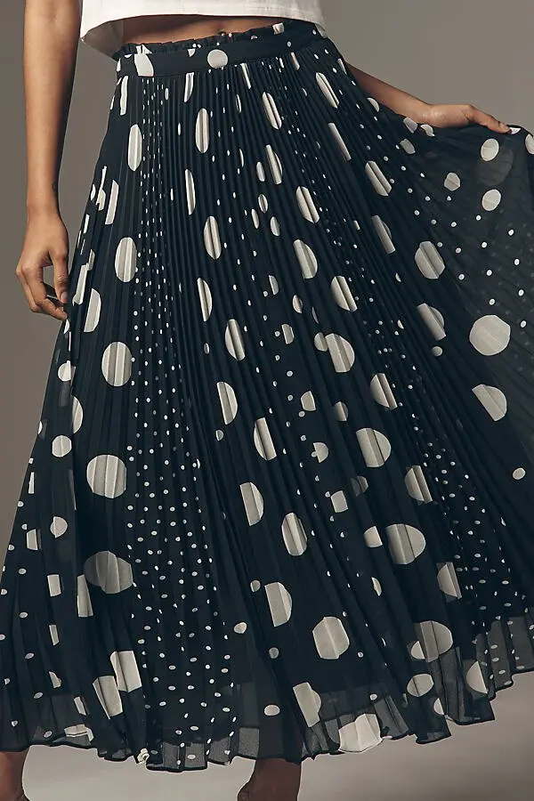 Maeve Sheer Pleated Maxi Skirt - Black Dot