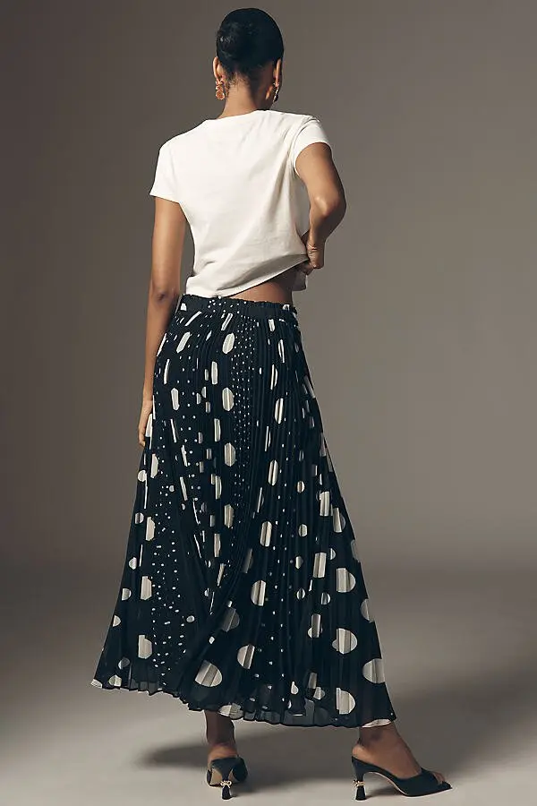 Maeve Sheer Pleated Maxi Skirt - Black Dot