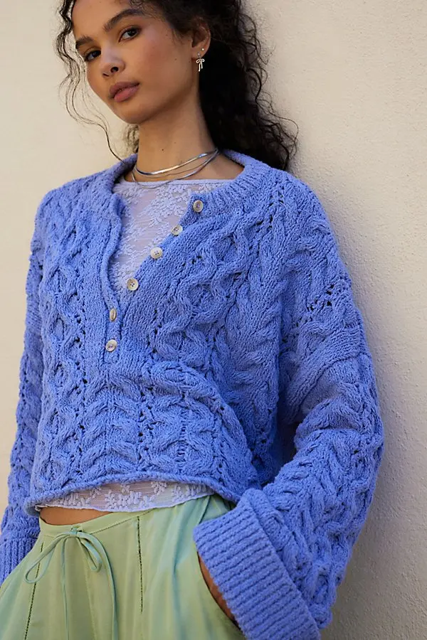 Free People Cable-knit Cardigan - Fragrant Iris
