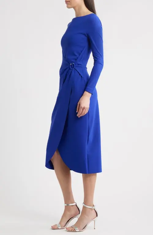 chinese dress ladies Petite Blue Long Sleeve V-Neck Micro Ruffle Midi Dress