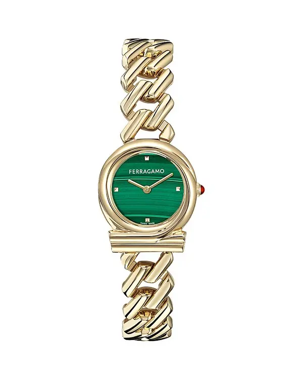 FERRAGAMO Gancini Twisted Chain Bracelet Watch, 28mm - Green/gold
