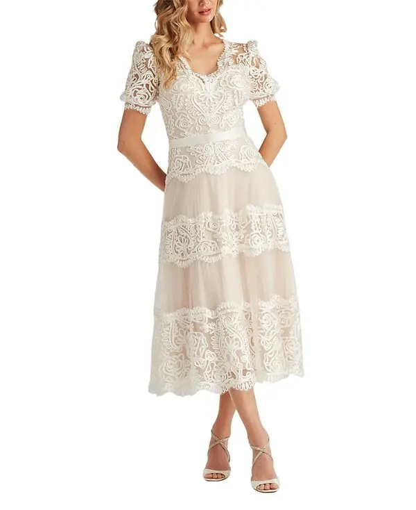knee length dresses for ladies Beige Floral Embroidered Chiffon Maternity Midi Dress main image 1