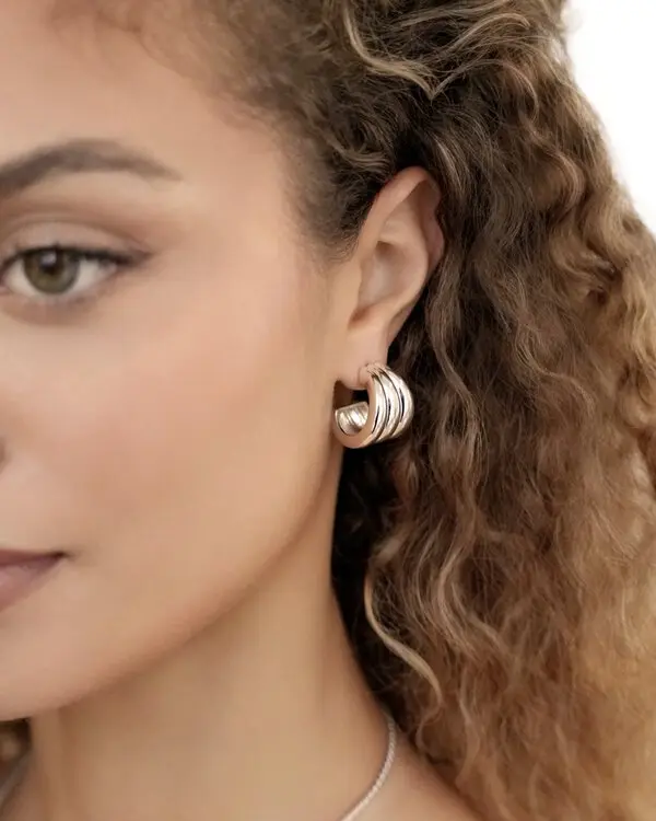 Ettika Triple Ribbed Huggie Hoop Earrings - Silver