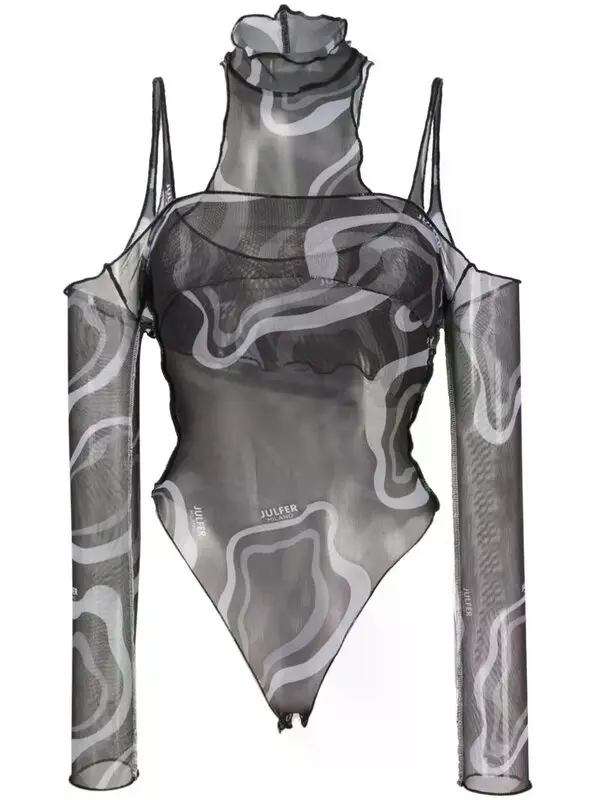 JULFER Janet Semi-sheer Layered Bodysuit With Abstract Logo Print - Black