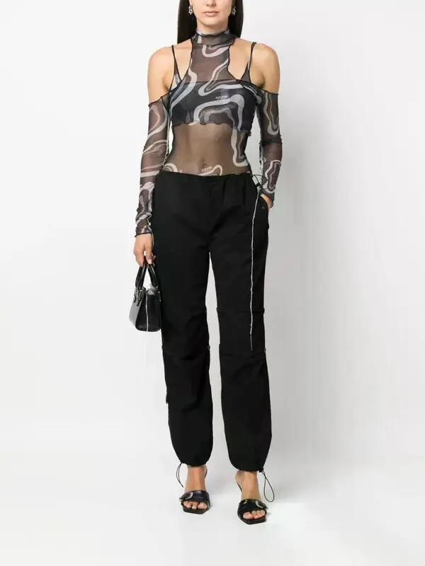 JULFER Janet Semi-sheer Layered Bodysuit With Abstract Logo Print - Black