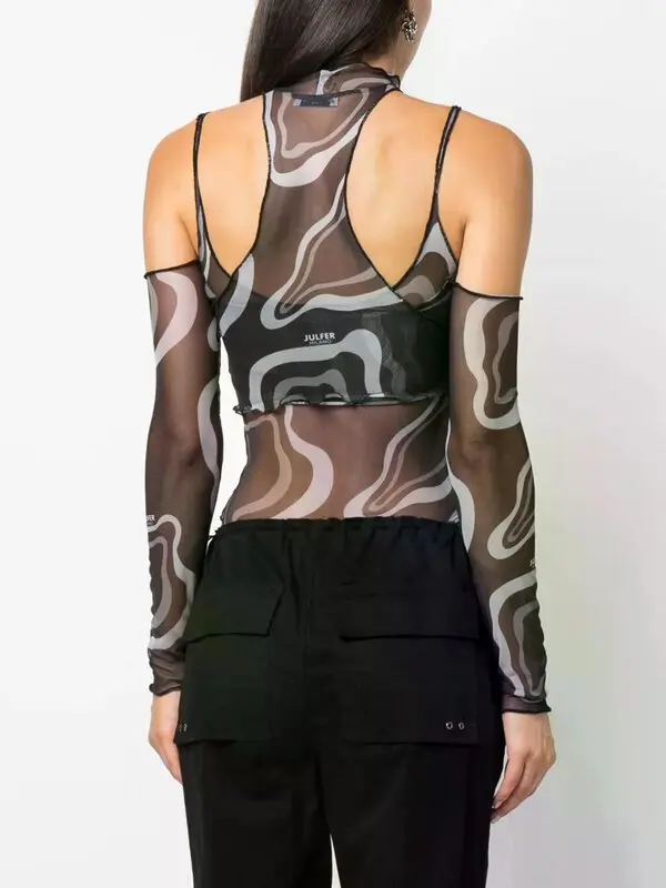 JULFER Janet Semi-sheer Layered Bodysuit With Abstract Logo Print - Black