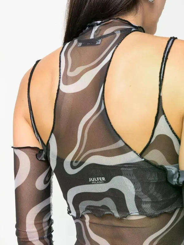 JULFER Janet Semi-sheer Layered Bodysuit With Abstract Logo Print - Black