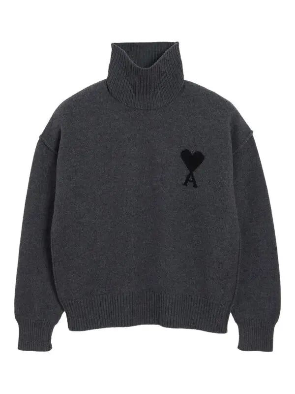 Ami Intarsia-knit Logo High Neck Sweater - Gris Chiné