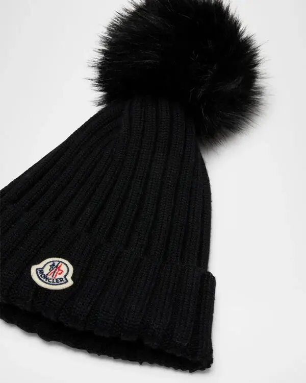 Moncler Wool Beanie With Faux Fur Pom - Black