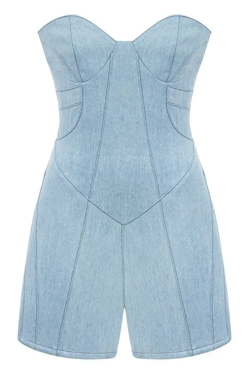 JENDUE Marvel Denim Mini Jumpsuit - Ever Blue