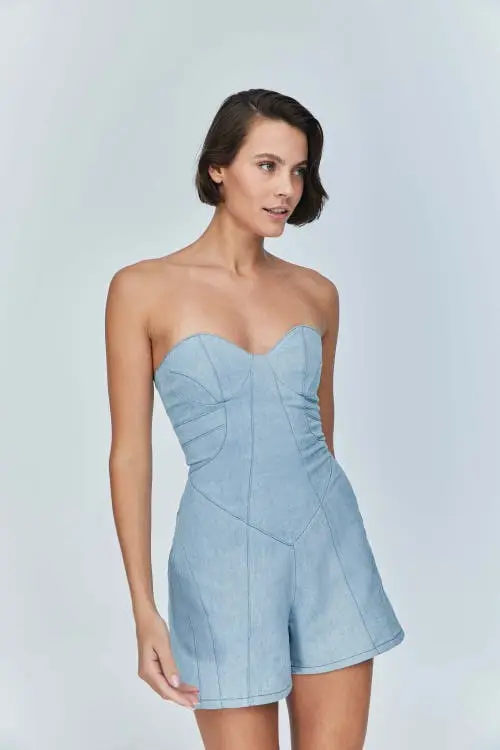 JENDUE Marvel Mini Denim Jumpsuit - Ice Blue