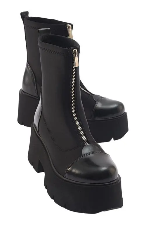PROLOGUE SHOES Bray Patent Chunky Ankle Boots - Black Patent Faux Leather