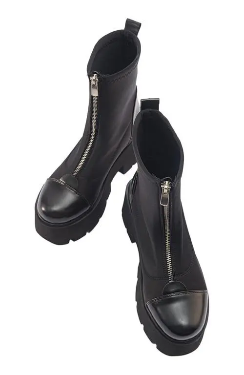 PROLOGUE SHOES Bray Patent Chunky Ankle Boots - Black Patent Faux Leather