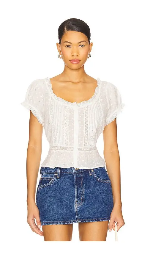 Rixo Sandi Eyelet Lace Trim Top - Ivory