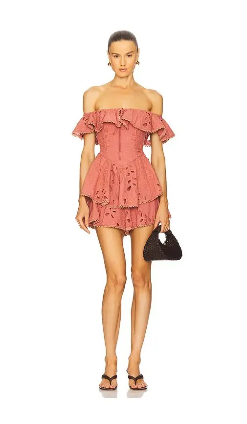 Saylor Off-the-shoulder Tiered Eyelet Romper - Rose