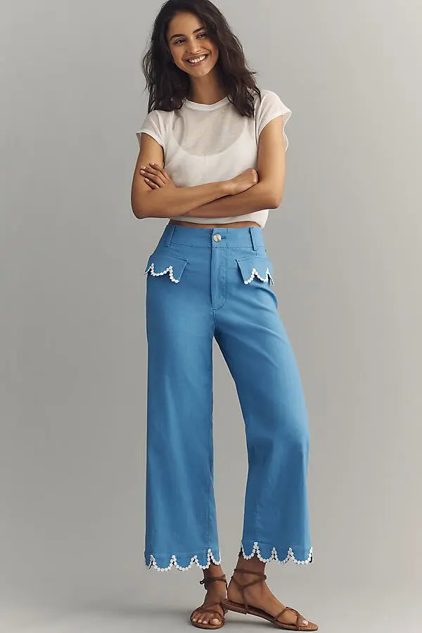 Maeve Colette Scalloped Crop Wide-leg Pants - Blue