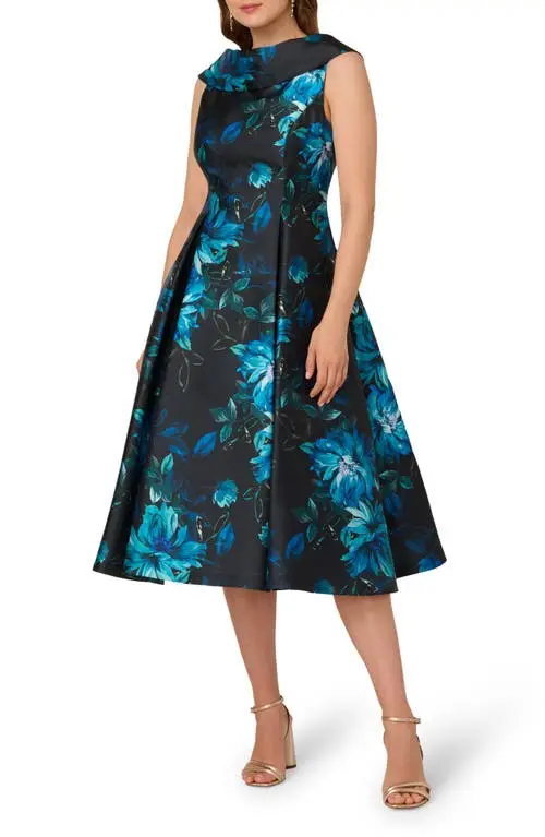 Adrianna Papell Roll Neck Taffeta Fit & Flare Dress - Navy Multi