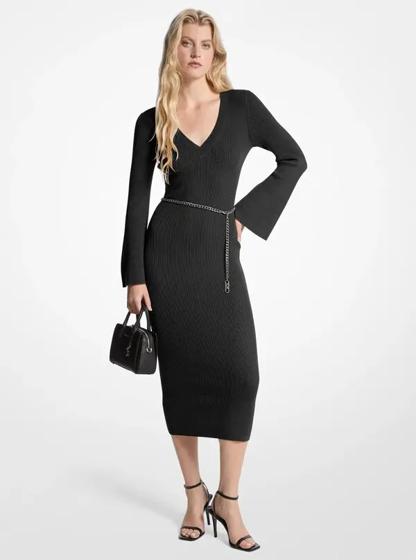 Michael Kors Wool Blend Belted Midi Dress - Black
